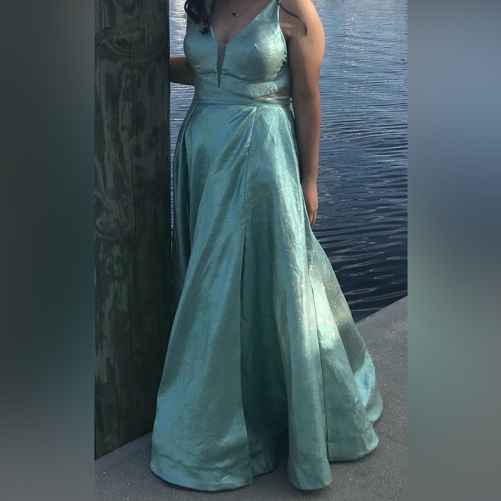 Teal Prom Dress With Gold Glitter - Gem